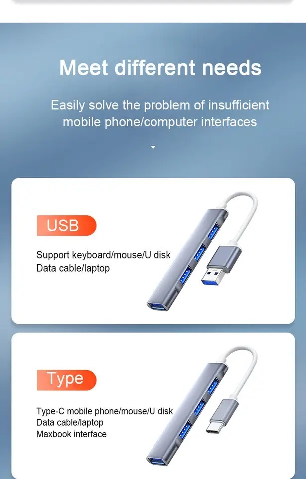 USB 4 Port USB 3.1 Hub Splitter Cable for Windows Mac
